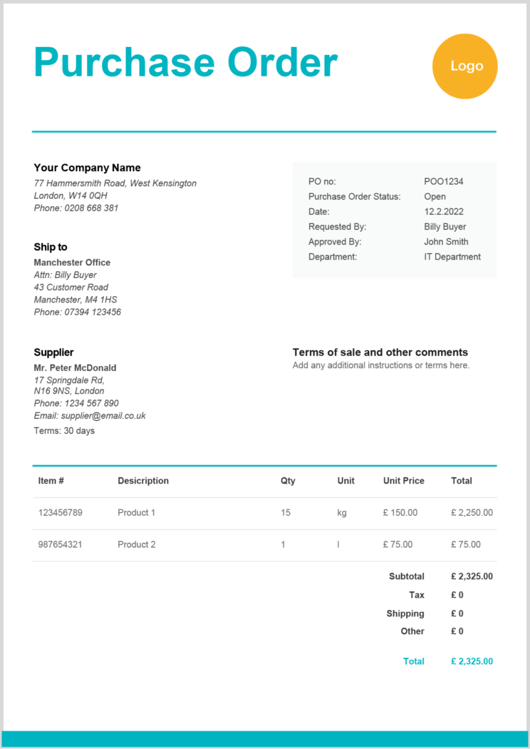 Purchase Order Form Template - Zervant Purchase Order Form Template - Zervant